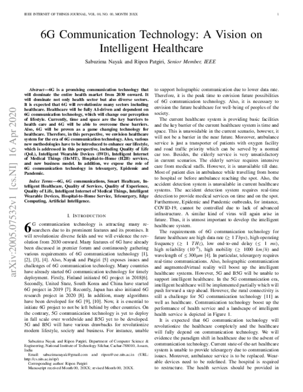 (PDF) 6G Communication Technology: A Vision on Intelligent Healthcare