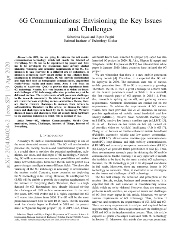 (PDF) 6G Communications: Envisioning the Key Issues and Challenges