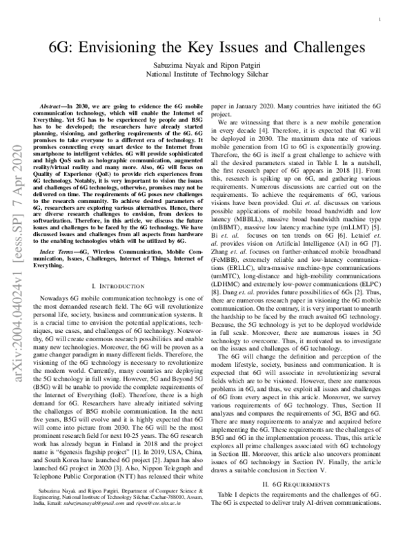 (PDF) 6G: Envisioning the Key Issues and Challenges