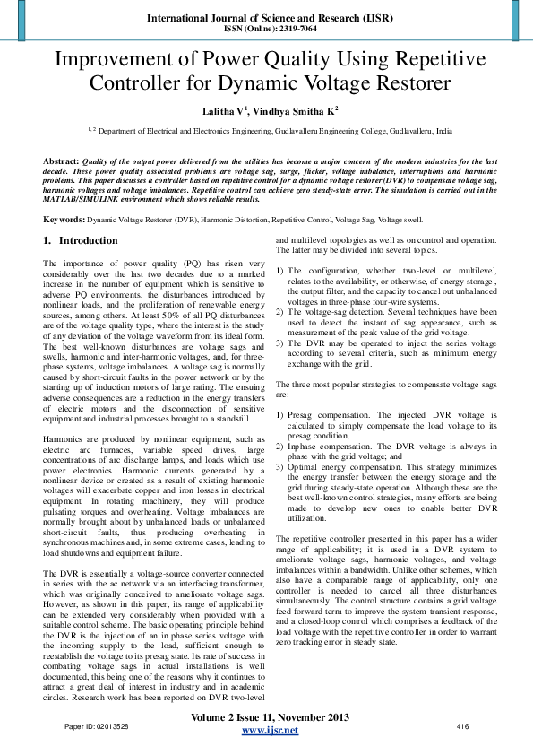 (PDF) Improvement of Power Quality Using Repetitive Controller for Dynamic Voltage