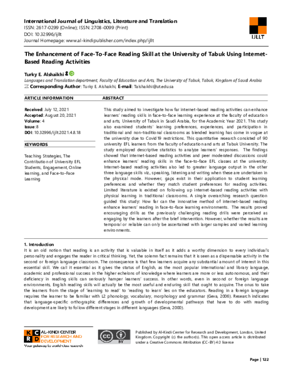 (PDF) The Enhancement of Face-To-Face Reading skill at the University ...
