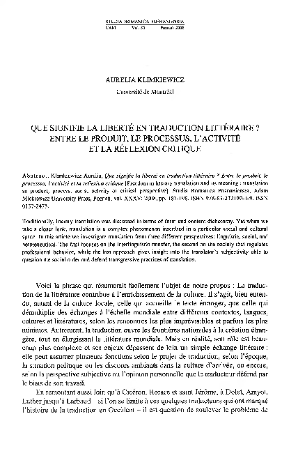 (PDF) Que signifie la liberté en traduction littéraire? : entre le produit, le processus, l ...