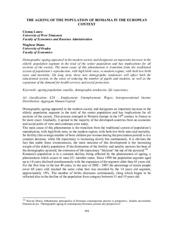 (PDF) The Ageing of the Population of Romania in the European Context