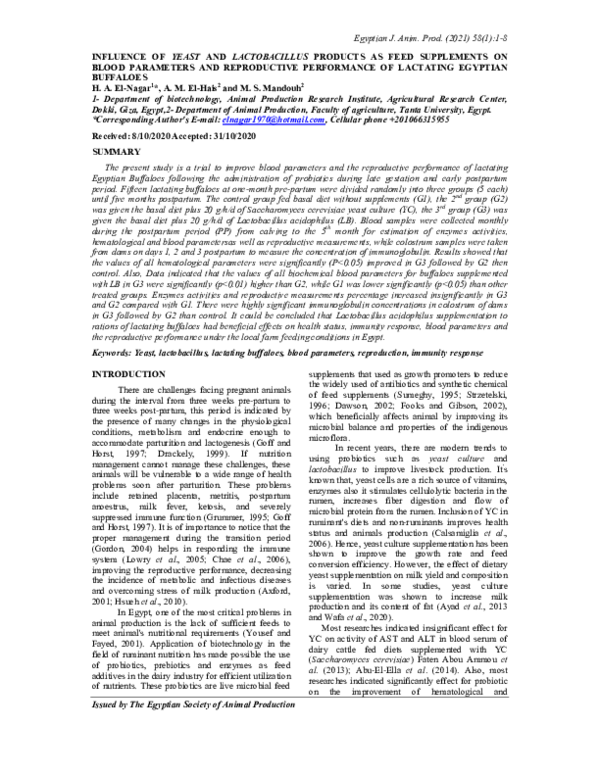 (PDF) Influence of Yeast and Lactobacillus Products as Feed Supplements on Blood Parameters and ...