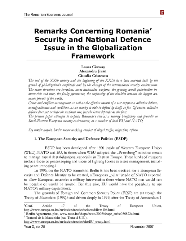 (PDF) Remarks Concerning Romania'Security and National Defence Issue in the Globalization ...