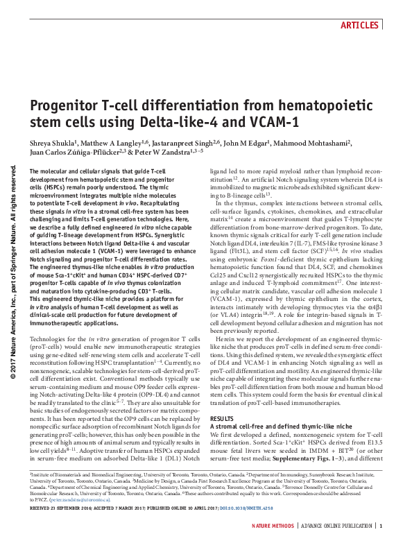 (PDF) Progenitor T-cell differentiation from hematopoietic stem cells ...