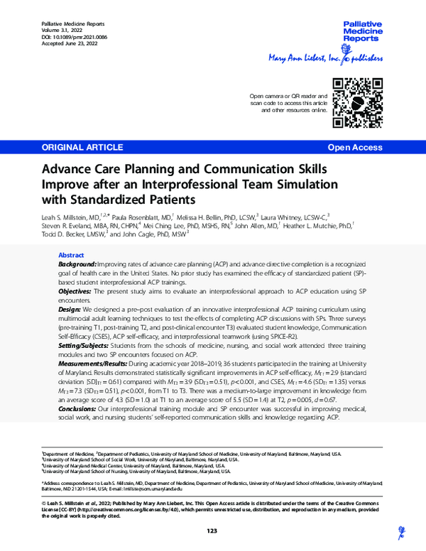 (PDF) Advance Care Planning and Communication Skills Improve after an Interprofessional Team ...