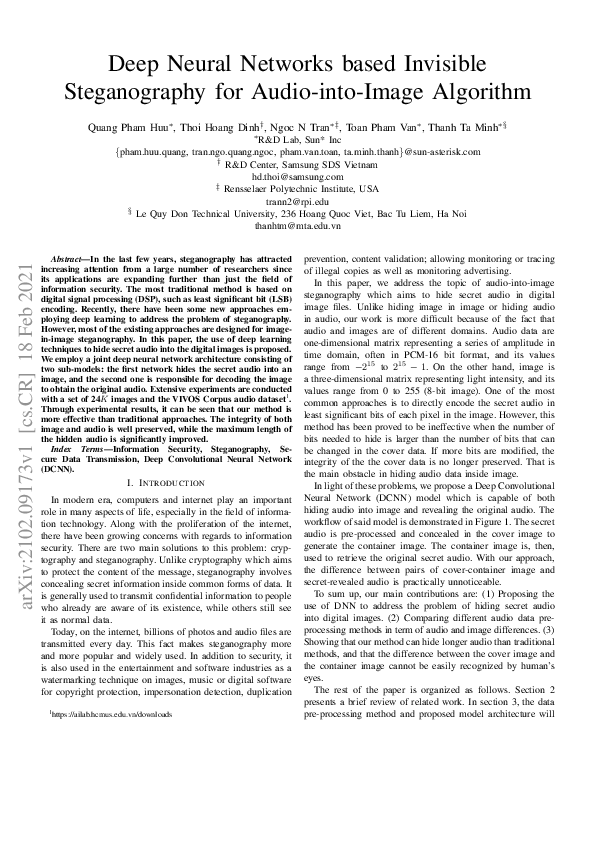 (PDF) Deep Neural Networks based Invisible Steganography for Audio-into-Image Algorithm