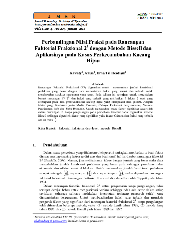 (PDF) Perbandingan Nilai Fraksi pada Rancangan Faktorial Fraksional 2k ...