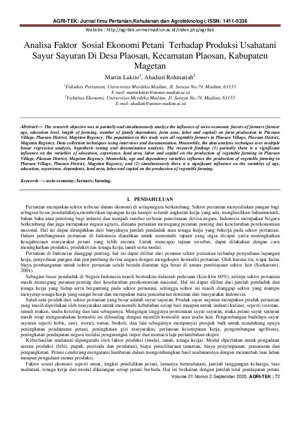 (PDF) Analisa Faktor Sosial Ekonomi Petani Terhadap Produksi Usahatani Sayur Sayuran Di Desa ...