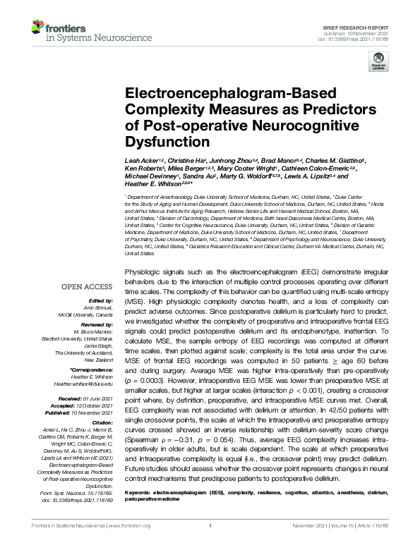 (PDF) Electroencephalogram-Based Complexity Measures as Predictors of Post-operative ...