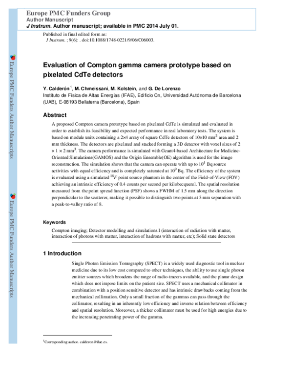(PDF) Evaluation of Compton gamma camera prototype based on pixelated CdTe detectors