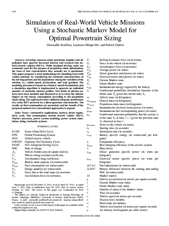 Pdf Simulation Of Real World Vehicle Missions Using A Stochastic Markov Model For Optimal