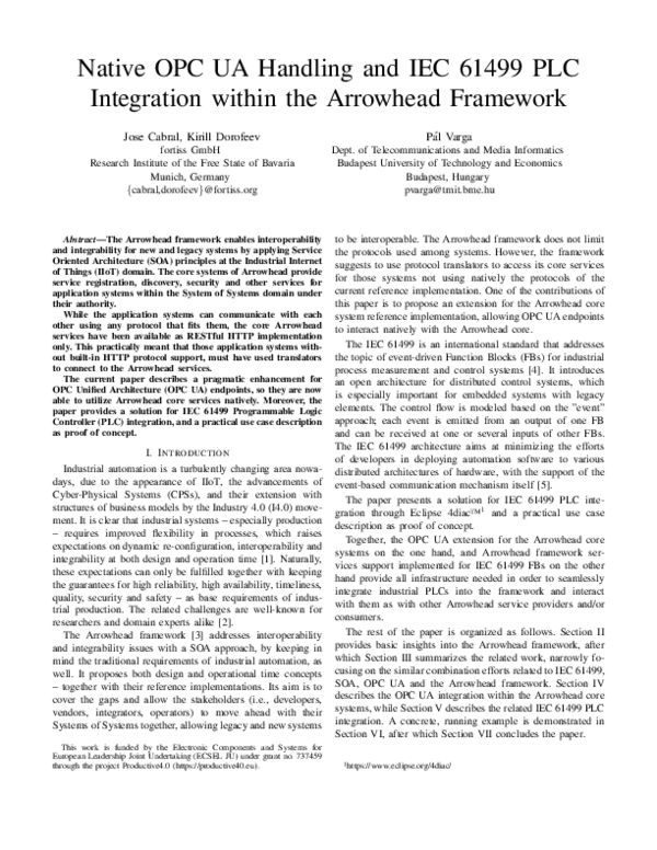 (PDF) Native OPC UA Handling and IEC 61499 PLC Integration within the Arrowhead Framework