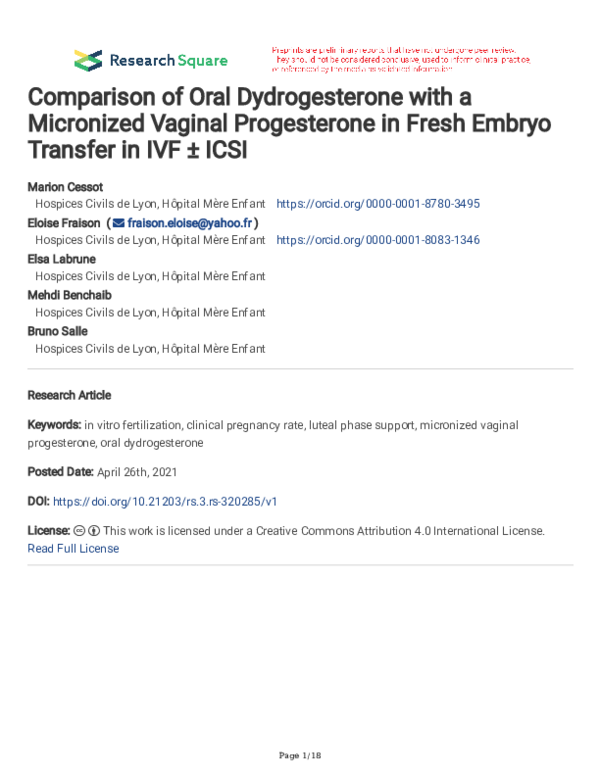(PDF) Comparison of Oral Dydrogesterone with a Micronized Vaginal Progesterone in Fresh Embryo ...