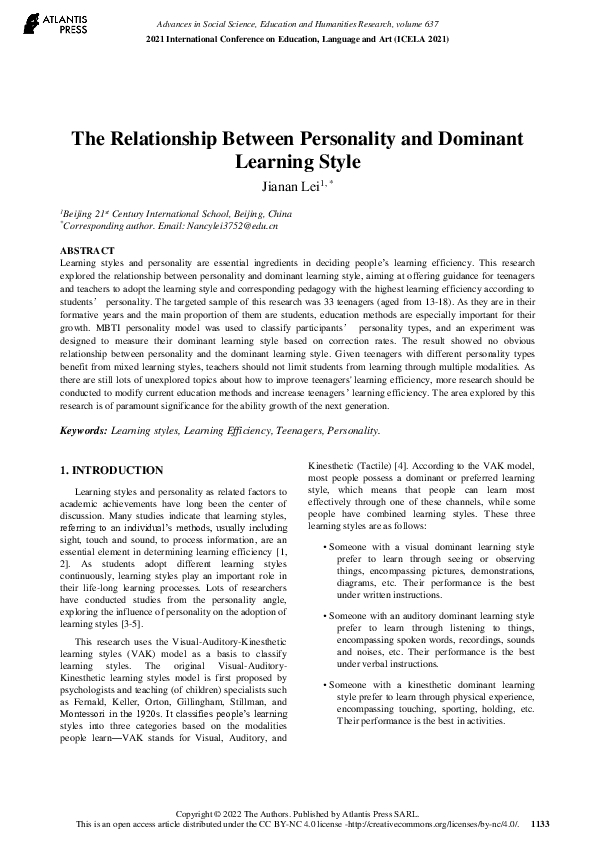 (PDF) The Relationship Between Personality and Dominant Learning Style