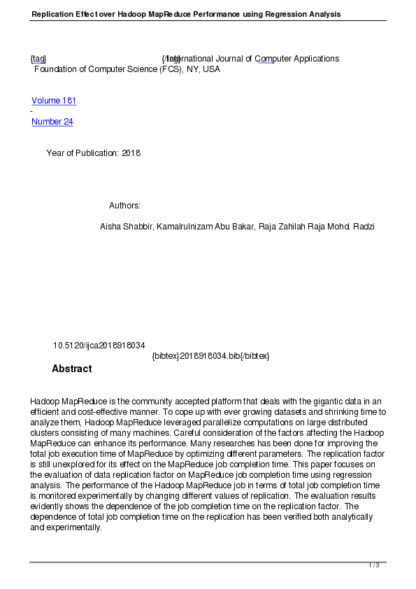 Pdf Replication Effect Over Hadoop Mapreduce Performance Using Regression Analysis