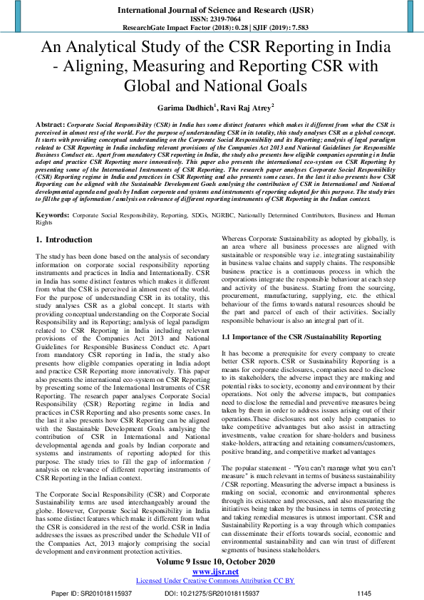 (PDF) An Analytical Study of the CSR Reporting in India-Aligning ...
