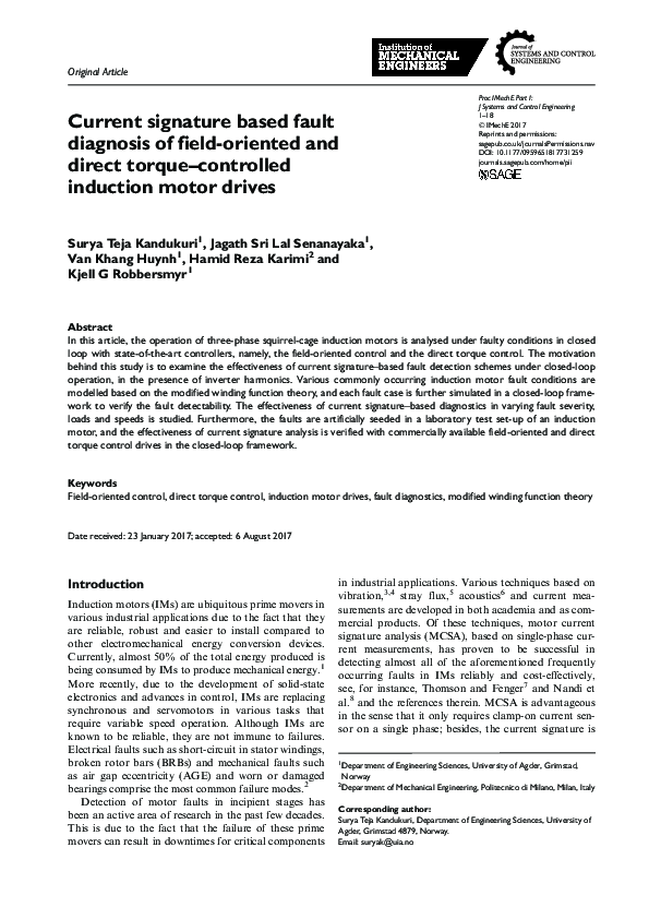 Pdf Current Signature Based Fault Diagnosis Of Field Oriented And Direct Torque Controlled