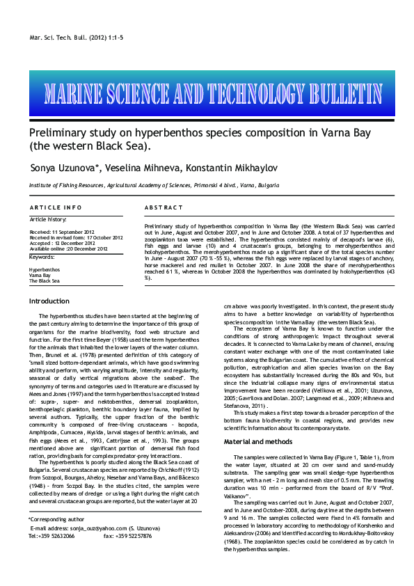 (PDF) Preliminary Study on Hyperbenthos Species Composition in Varna ...