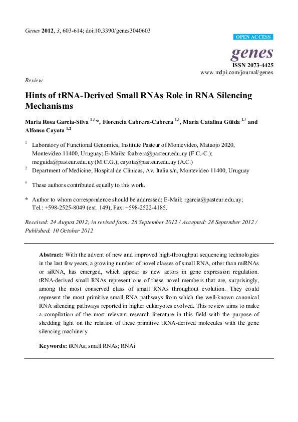 (PDF) Hints of tRNA-Derived Small RNAs Role in RNA Silencing Mechanisms