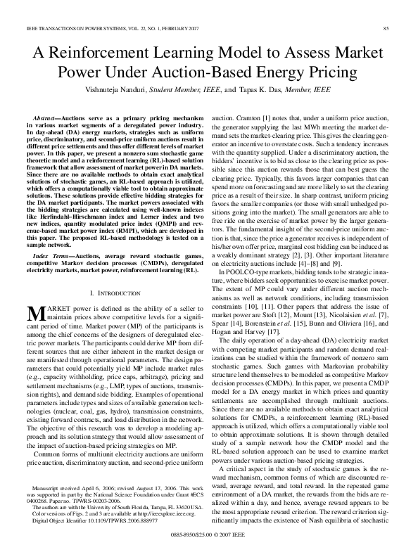 (PDF) A Reinforcement Learning Model to Assess Market Power Under ...