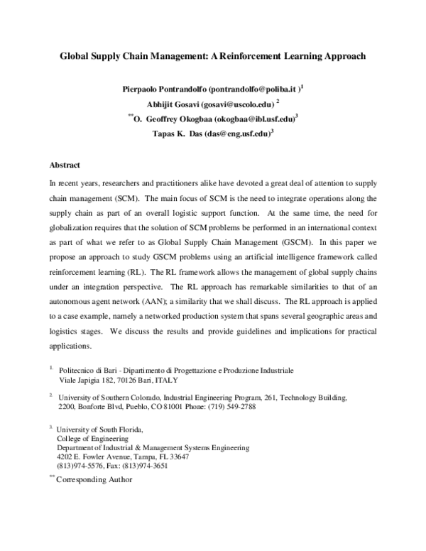 (PDF) Global supply chain management: A reinforcement learning approach