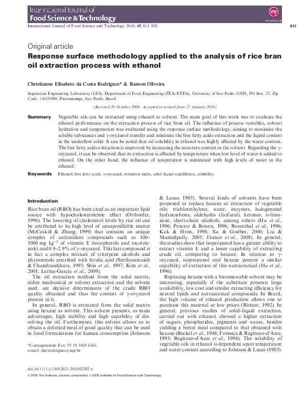 (PDF) Response surface methodology applied to the analysis of rice bran oil extraction process ...