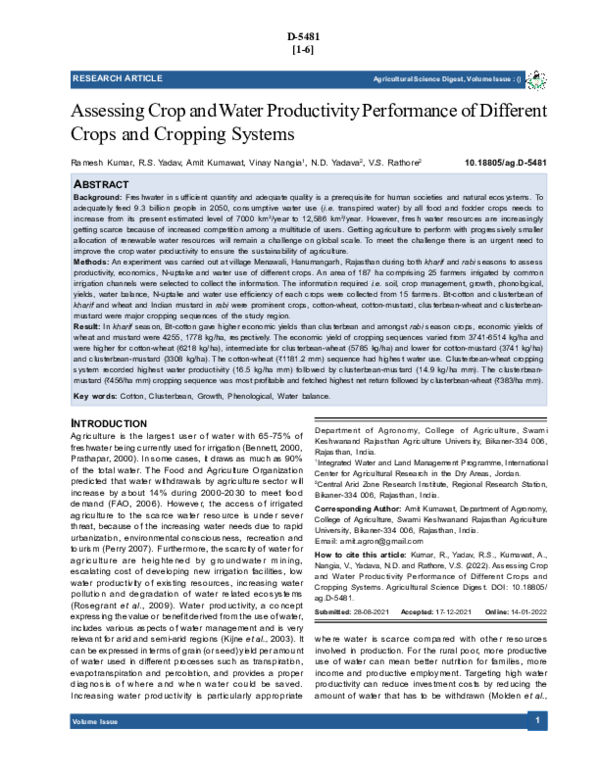 (PDF) Assessing Crop and Water Productivity Performance of Different ...
