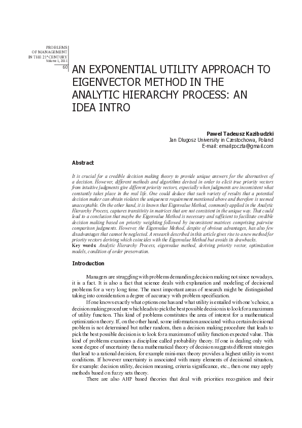 (PDF) An Exponential Utility Approach to Eigenvector Method in the Analytic Hierarchy Process ...