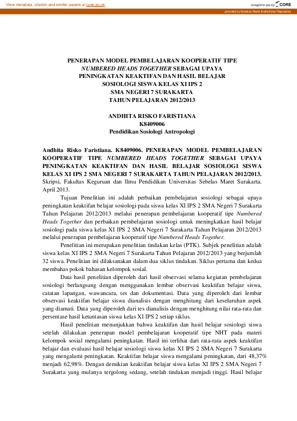 (PDF) Penerapan Model Pembelajaran Kooperatif Tipe Numbered Heads Together Sebagai Upaya ...