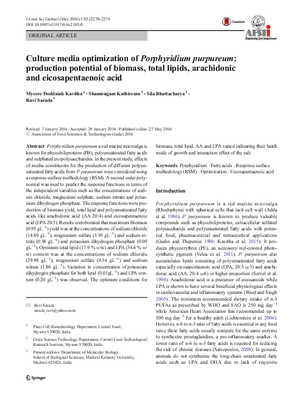 (PDF) Culture media optimization of Porphyridium purpureum: production potential of biomass ...