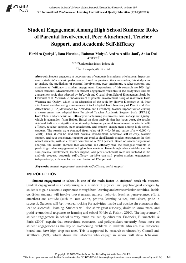 (PDF) Student Engagement Among High School Students: Roles of Parental Involvement, Peer ...