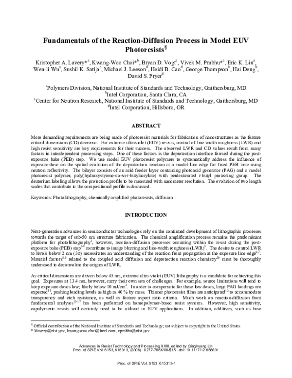 Pdf Fundamentals Of The Reaction Diffusion Process In Model Euv Photoresists
