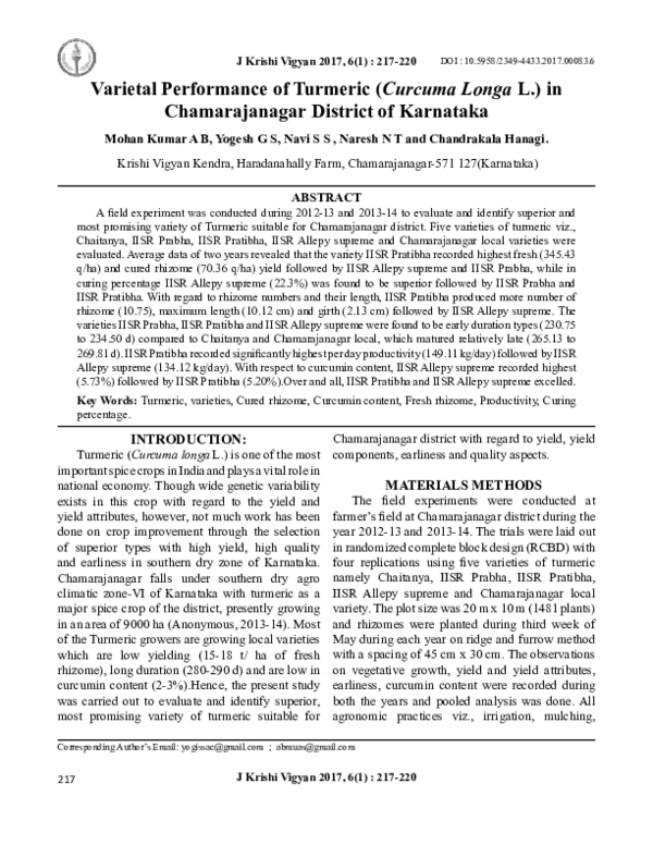 (PDF) Varietal Performance of Turmeric (Curcuma Longa L.) in Chamarajanagar District of Karnataka
