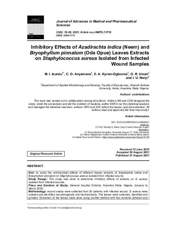 (PDF) Inhibitory Effects of Azadirachta indica (Neem) and Bryophyllum ...
