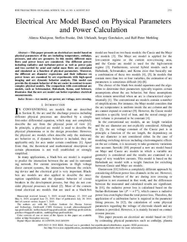 (PDF) Electrical Arc Model Based on Physical Parameters and Power ...