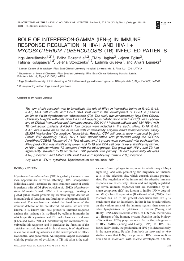 (PDF) Role of Interferon-Gamma (Ifn-γ) in Immune Response Regulation in Hiv-1 and Hiv-1 ...