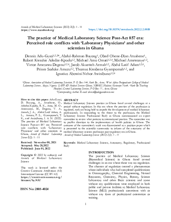 (PDF) The practice of Medical Laboratory Science Post-Act 857 era ...