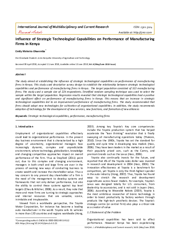 (PDF) Influence of Strategic Technological Capabilities on Performance of Manufacturing Firms in ...
