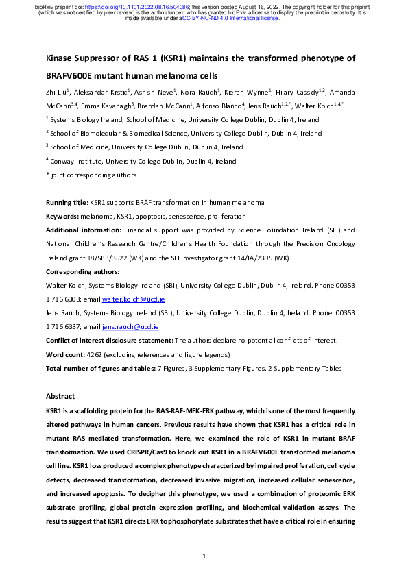 (PDF) Kinase Suppressor of RAS 1 (KSR1) maintains the transformed ...