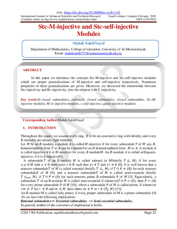 (PDF) Stc-M-injective and Stc-self-injective Modules