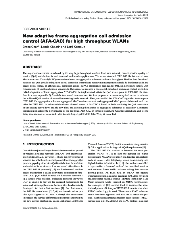 (PDF) New adaptive frame aggregation call admission control (AFA-CAC) for high throughput WLANs