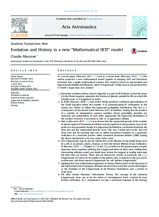 (PDF) Evolution and History in a new “Mathematical SETI” model ...