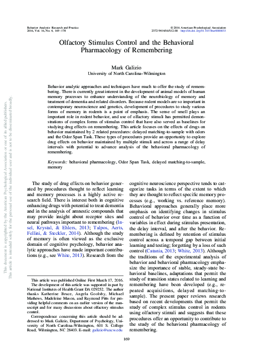 (PDF) Olfactory stimulus control and the behavioral pharmacology of remembering