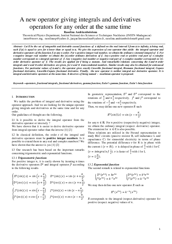 (PDF) A new operator giving integrals and derivatives operators for any order at the same time