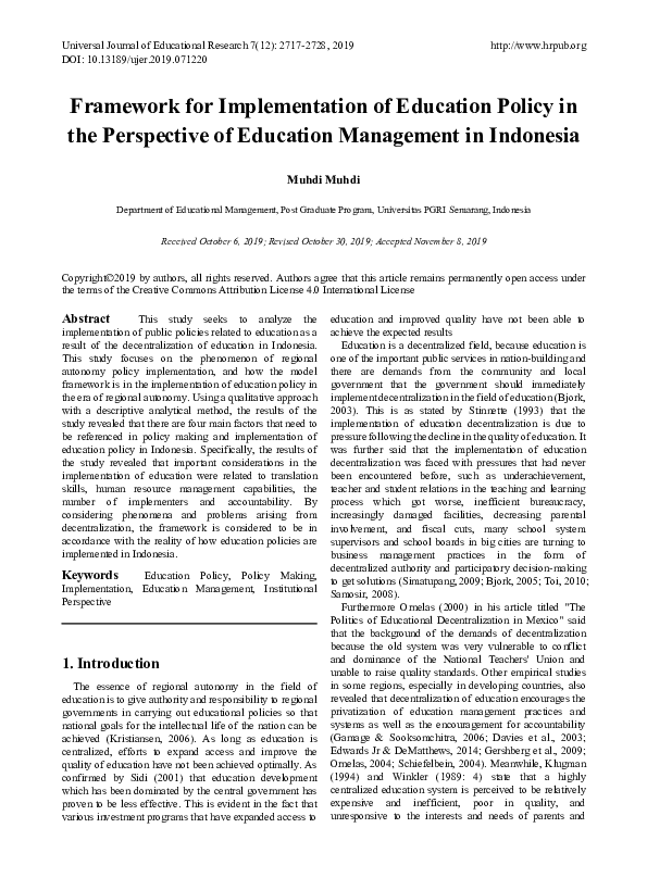 (PDF) Framework for Implementation of Education Policy in the ...