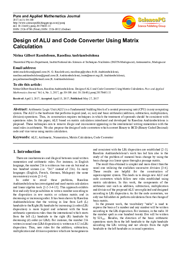 (PDF) Design of ALU and Code Converter Using Matrix Calculation
