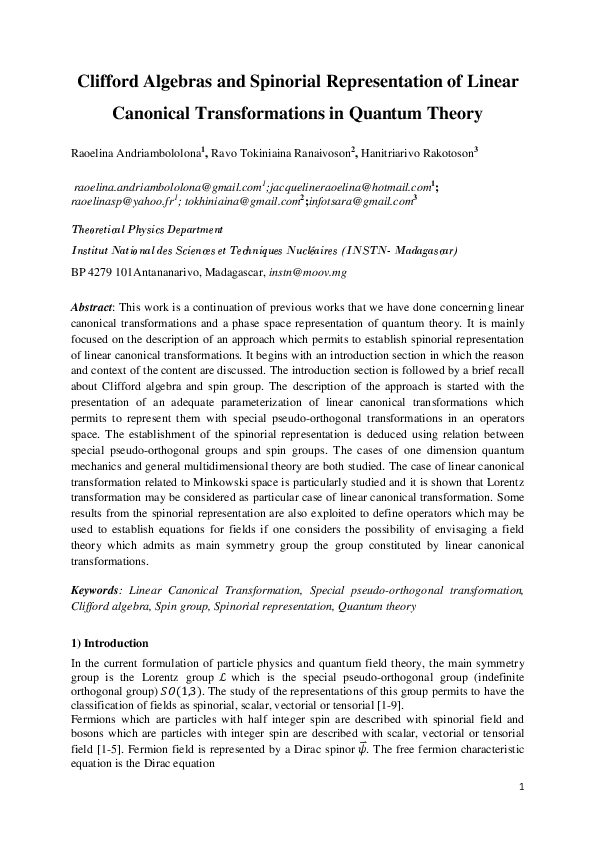 (PDF) Clifford Algebras and Spinorial Representation of Linear ...