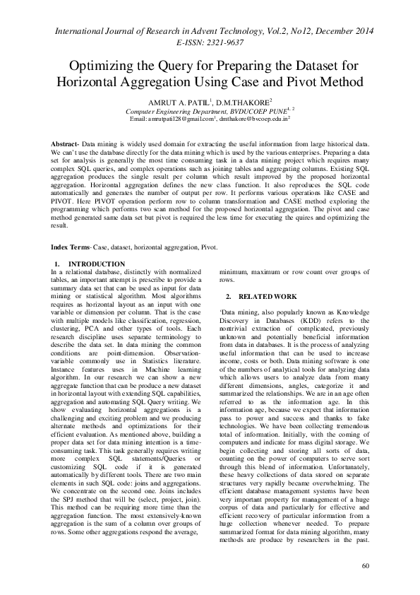 Pdf Optimizing The Query For Preparing The Dataset Fo R Horizontal Aggregation Using Case And